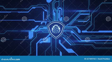 Creative Glowing Digital Shield With Fingerprint On Dark Circuit
