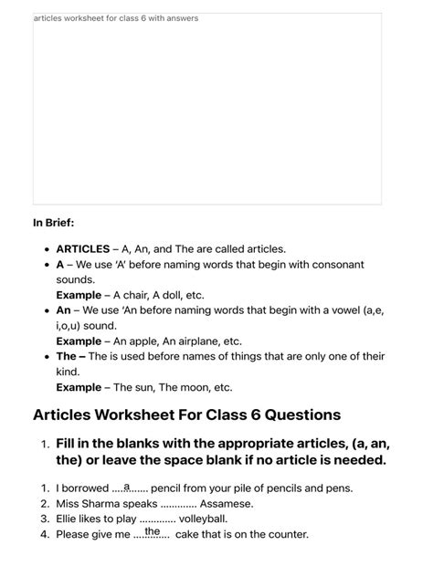 Articles Worksheet For Class 6 With Answers Free Pdf Pdf