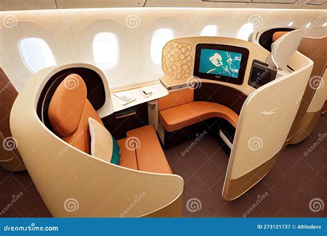 First Class Section Of Plane With Luxurious Seats And Amenities Stock