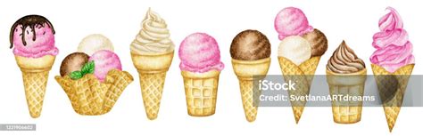 와플 콘에 초콜릿으로 장식 된 다양한 아이스크림 스쿱 바닐라 초콜릿 핑크 딸기 라즈베리 아이스크림의 수채화 일러스트 리 모듬 볼 개체 그룹에 대한 스톡 벡터 아트 및 기타