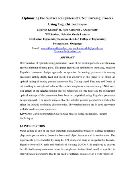Pdf Optimizing The Surface Roughness Of Cnc Turning Process Using Taguchi Technique
