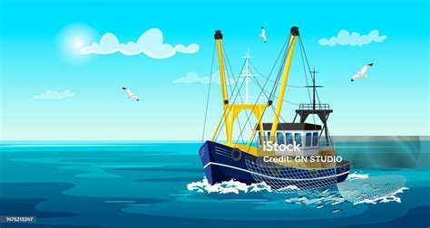 물 밑에 가득 찬 물고기 그물을 가진 상업적인 어선 바다에서 일하는 어부와 함께 낚시 보트 세느 강 바다 음식으로 잡기 참치