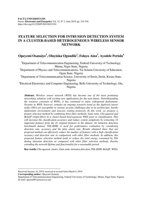 Pdf Feature Selection For Intrusion Detection System In A Cluster Based Heterogeneous Wireless