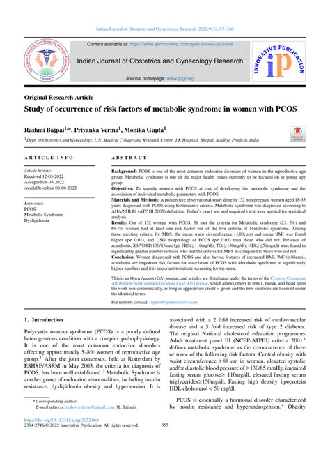PDF Study Of Occurrence Of Risk Factors Of Metabolic Syndrome In Women With PCOS