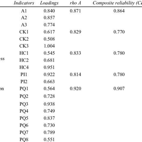 internal consistency reliability indicator loading and convergent