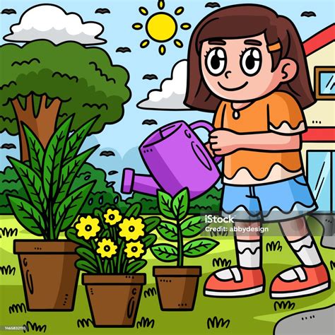 Kartun Berwarna Gadis Hari Bumi Menyiram Tanaman Ilustrasi Stok Unduh