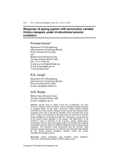 Pdf Response Of Piping System With Semi Active Variable Friction