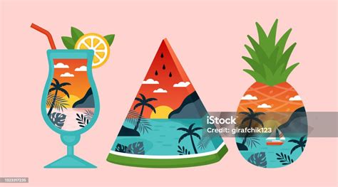 파인애플 칵테일 음료 수박에 야자수가 있는 열대 해변 풍경 열대 여름 창조적 인 개념 가격표에 대한 스톡 벡터 아트 및 기타