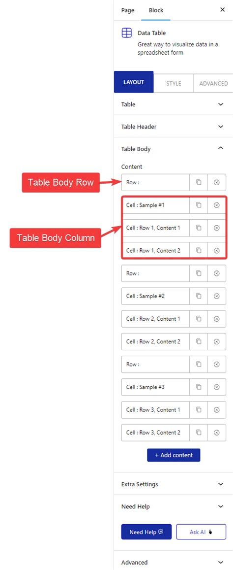 Data Table Block Settings Overview