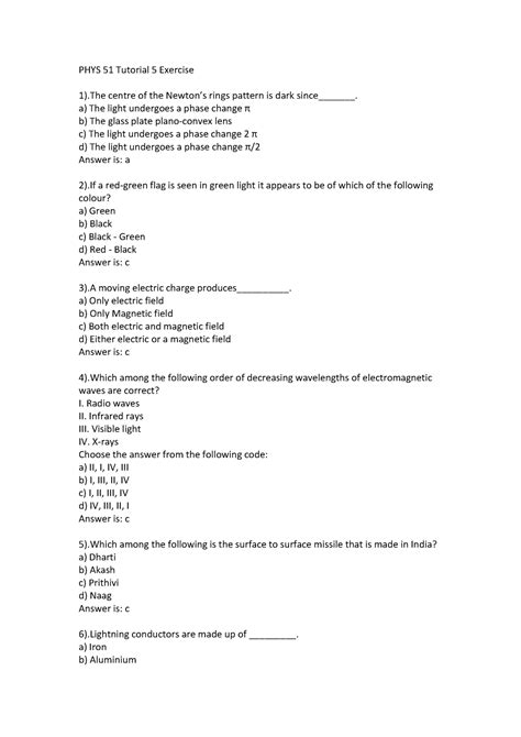 PHYS 51 Tutorial 5 PHYS 51 Tutorial 5 Exercise 1 The Centre Of The Newtons Rings Pattern Is