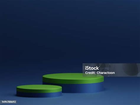 3d 렌더링 우아한 녹색 표면 이중 둥근 연단은 빈 진한 파란색 배경에 제품 디스플레이를 제공합니다 3d 모형 그림 3차원 형태에 대한 스톡 사진 및 기타 이미지 Istock
