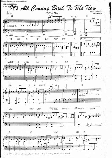 Celine Dion Its All Coming Back To Me Now Sheet Music Pdf Free