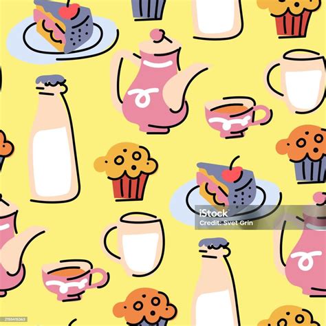 티 파티 디테일과 과자의 세련된 일러스트가 있는 귀여운 작은 스티커 패턴 세련되고 아늑한 요소가 있는 완벽한 배경 직물 및 종이에 인쇄하는 데 이상적입니다 장식 카페에 대한