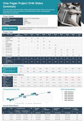 One Pager Project EVM Status Summary PDF Document PPT Template