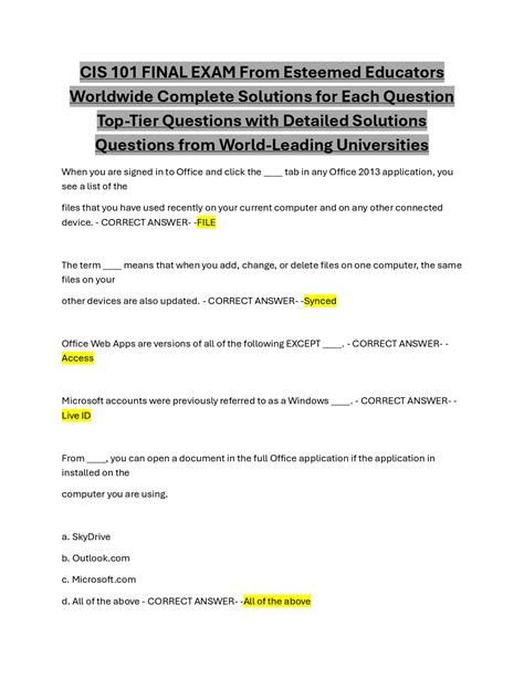 Cis 101 Final Exam Comprehensive Review Of Key Concepts And Applications Exams Business