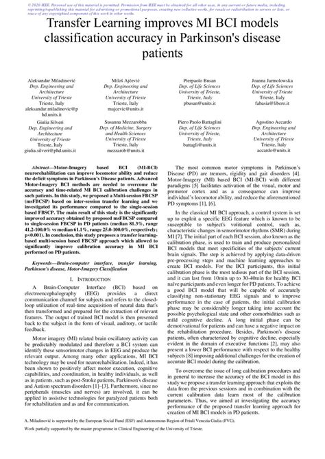 Transfer Learning Improves Mi Bci Models Classification Accuracy In Parkinsons Disease Patients