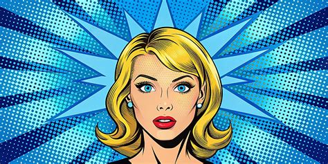 Pop Art Woman With Blue And Yellow Background Retro Comic Style