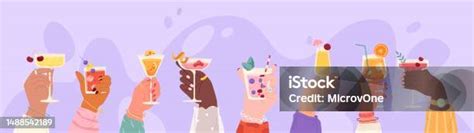 칵테일을 들고 있는 친구들 모히토와 마가리타 건배 배너 여름 수영장 음료 파티 와인과 칵테일 잔 아늑한 벡터 컨셉 Gin Tonic에 대한 스톡 벡터 아트 및 기타 이미지