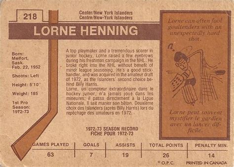 Lorne Henning 1973 74 O Pee Chee 218