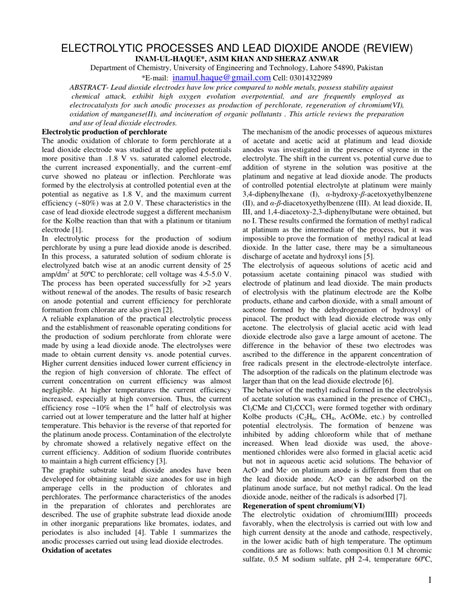 Pdf Electrolytic Processes And Lead Dioxide Anode