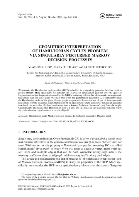 Pdf Geometric Interpretation Of Hamiltonian Cycles Problem Via Singularly Perturbed Markov