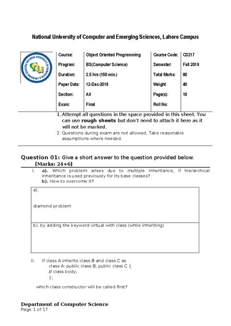 Cs Fall 2019 Final Exam Solutions Object Oriented Programming
