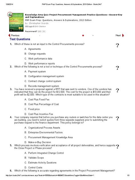Knowledge Area Quiz Project Procurement Management Practice Questions Answer Key And