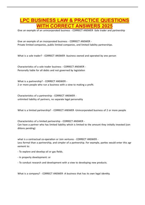Lpc Business Law And Practice Questions With Correct Answers 2025 Lpc Or Lcpc Licensed