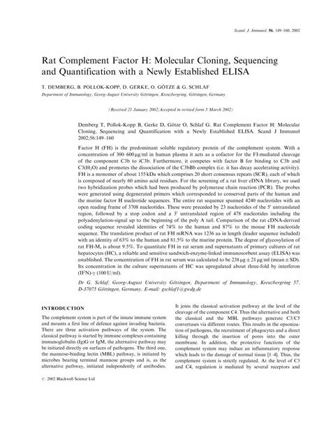 Pdf Rat Complement Factor H Molecular Cloning Sequencing And
