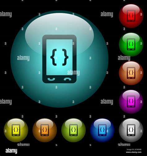 Mobile Software Development Icons In Color Illuminated Spherical Glass Buttons On Black