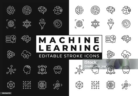 Machine Learning Line Icons Editable Stroke On Black And White Background Vector Stock