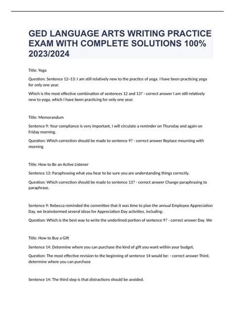 Ged Language Arts Writing Practice Exam With Complete Solutions 100