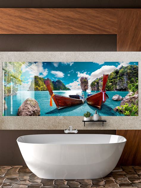 Tropical Boat View Wall Art Glass Backsplash Artworks