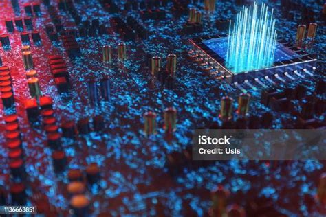 Ai인공 지능 개념 Cpu 기계 학습 빛나는 트랙이 있는 회로 기판의 중앙 컴퓨터 프로세서 인코딩된 데이터입니다 회로 배경 위에 컴퓨터 칩 3d 일러스트레이션 3차원 형태에