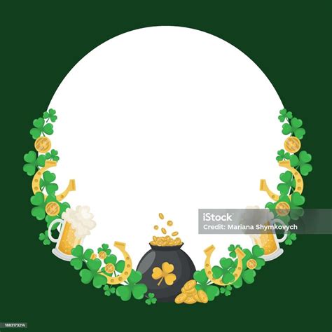 성 패트릭 데이 액자에는 금 동전 말굽 토끼풀 잎이 담긴 항아리가 있습니다 엽서 배너 벡터 일러스트 레이 션 3월에 대한 스톡 벡터 아트 및 기타 이미지 Istock