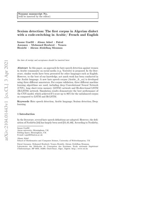 Sexism Detection The First Corpus In Algerian Dialect With A Code Switching In Arabic French