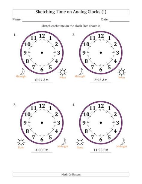 Sketching 12 Hour Time On Analog Clocks In 1 Minute Intervals 4 Large Clocks I