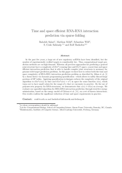 Pdf Time And Space Efficient Rna Rna Interaction Prediction Via Sparse Folding