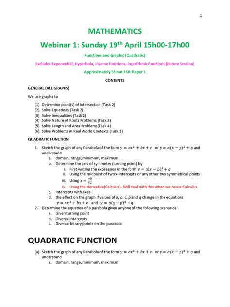 mathematics webinar 1 notes quadratic function pdf function