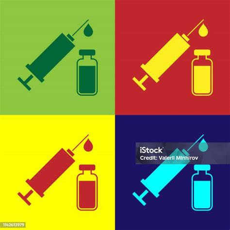 컬러 배경에 고립 된 바늘과 유리병 또는 앰 플 아이콘이 있는 의료용 주사기 색상 예방 접종 주사 백신 인슐린 개념 벡터 일러스트 0명에 대한 스톡 벡터 아트 및 기타