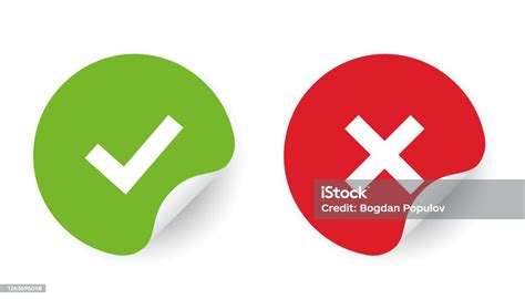 빨간색 과 녹색 표표 스티커 유효성 검사 아이콘입니다 진드기와 교차 표지판 개념에 대한 스톡 벡터 아트 및 기타 이미지 개념