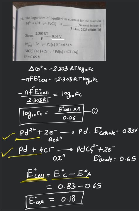 21 The Logarithm Of Equilibrium Constant For The Reaction Pd24cl−⇌pdcl