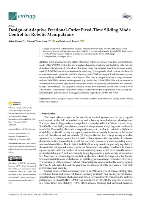 Pdf Design Of Adaptive Fractional Order Fixed Time Sliding Mode Control For Robotic Manipulators