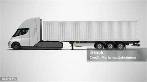 새로운 백색 전기 트랙터 트레일러 3d 보기를 왼쪽으로 그림자와 회색 배경에 렌더링 전기 연료 및 전력 생산에 대한 스톡 사진