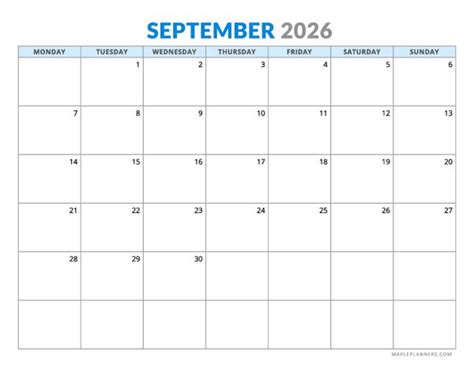 September 2026 Monthly Calendar Printable Horizontal Monday Start