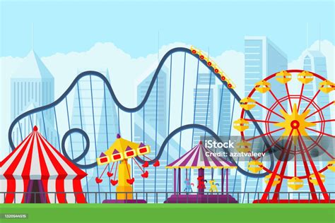 서커스 회전 목마 롤러 코스터와 도시에서 관광 명소 엔터테인먼트놀이 공원 재미 공정하고 카니발 테마 풍경 관람차와 메리 고 라운드 페스티벌 벡터 일러스트레이션 롤러코스터에