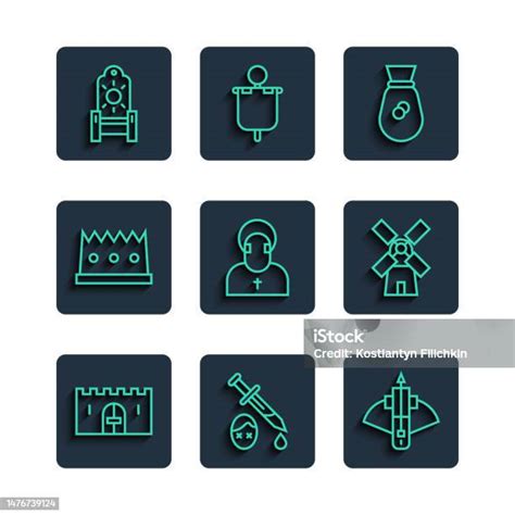 세트 라인 중세 성문 피가 든 검 전투 석궁 화살 오래된 돈 가방 수도사 왕관 왕좌 및 풍차 아이콘 벡터 0명에 대한 스톡 벡터