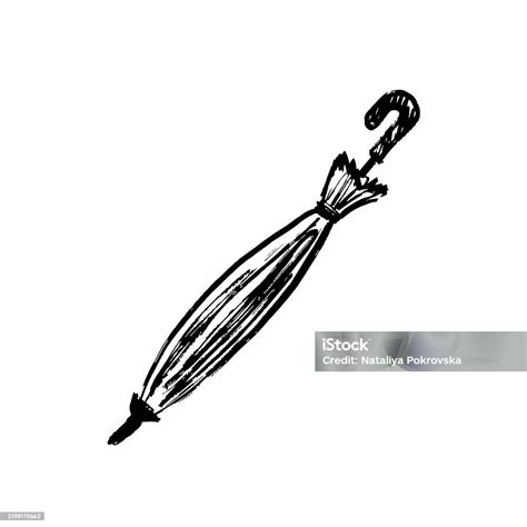 스트레이트 닫힌 우산 막대기는 흰색 배경에 고립 된 브러시 스트로크 질감에 검은 색으로 그립니다 빈티지 목탄 잉크로 손으로 그린 벡터 스케치 그림 패키지 디자인 스티커