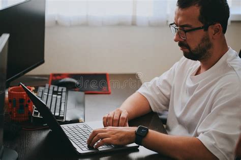 Portrait Professional Man Programmer Working Concentrated On Computer In Diverse Offices Modern
