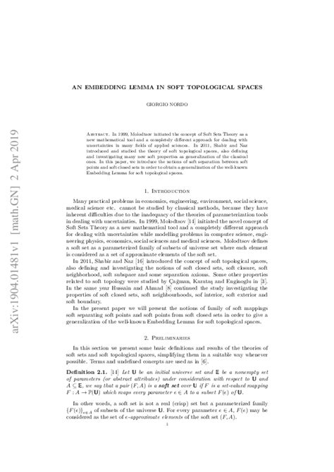 Pdf An Embedding Lemma In Soft Topological Spaces